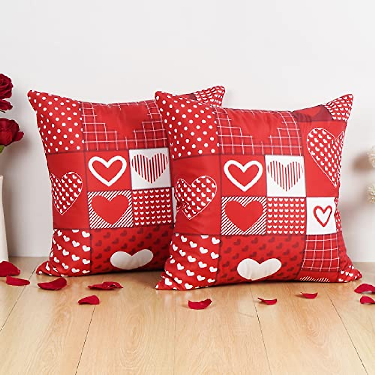 Valentine's Day Pillow Covers 18 x 18 Inch, Set of 2 Red Waterproof Throw Pillow Covers Outdoor, Love Heart Plaid Decorative Cushion Pillow Cases for Anniversary Couch Patio Furniture Bench Bed Sofa