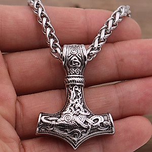 Viking Necklace Viking Mjolnir Necklace Norse Pagan Jewelry Nordic Vegvisir Mjolnir Necklace Stainless Steel Protection Amulet
