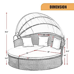 Kemon Patio Furniture Round Outdoor Daybed with Retractable Canopy Wicker Rattan Sectional Sofa for Lawn Garden Backyard Pool, Beige