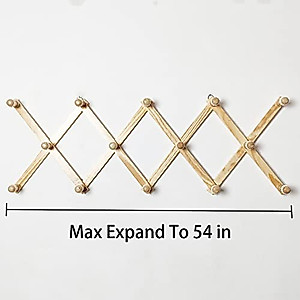 AITUFIY Expandable Coat Rack Hanger Wooden Accordion Wall Mounted Retro Wood Hat Rack 14 Pegs Hooks Hang Mugs,Caps,Leash,Towel,Belt,Scarf,Bag (Large Size) Natural Pine