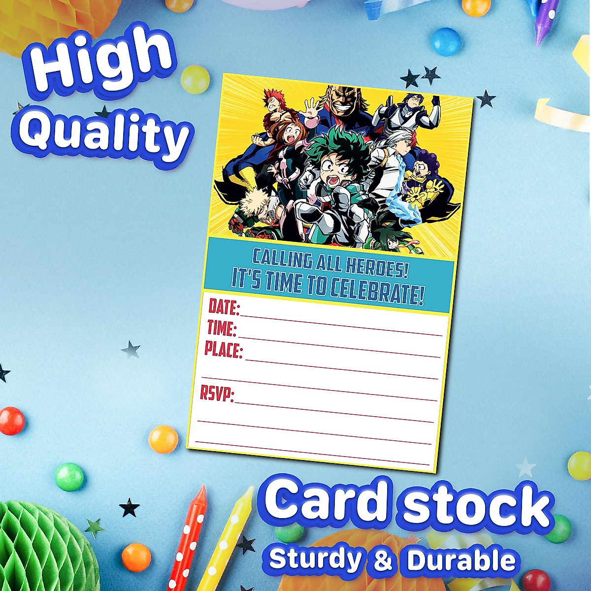 20x My Hero Academy Birthday Invitations and Envelopes – Fill-in Happy Birthday Party Invitations for Kids, 6X4 Inches, Postcard Style