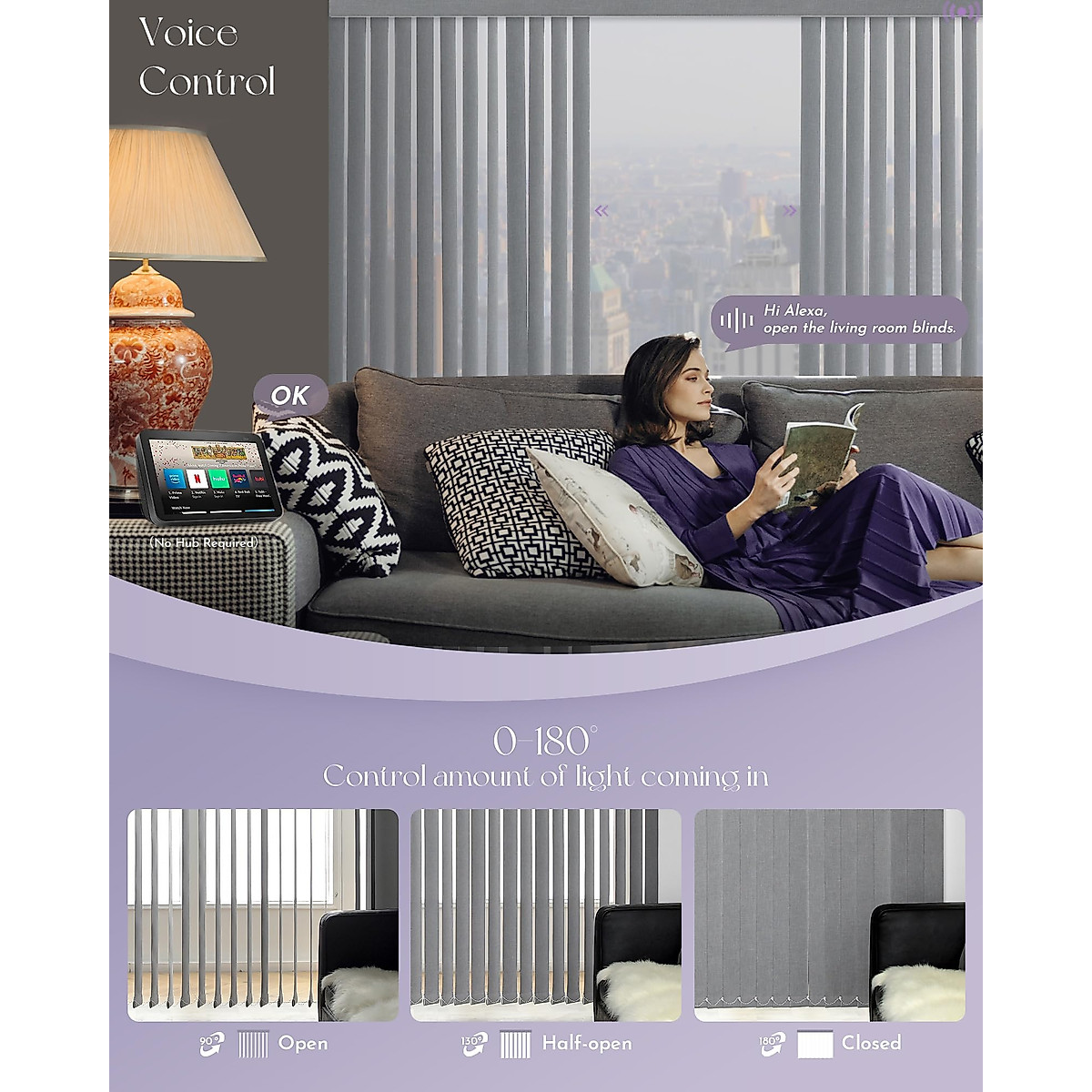 Graywind Motorized Vertical Blinds Compatible with Alexa Google Privacy Blackout Smart Vertical Blind Remote Control Track Slats Set for Patio Sliding Glass Doors, Width Up to 157", Light Grey