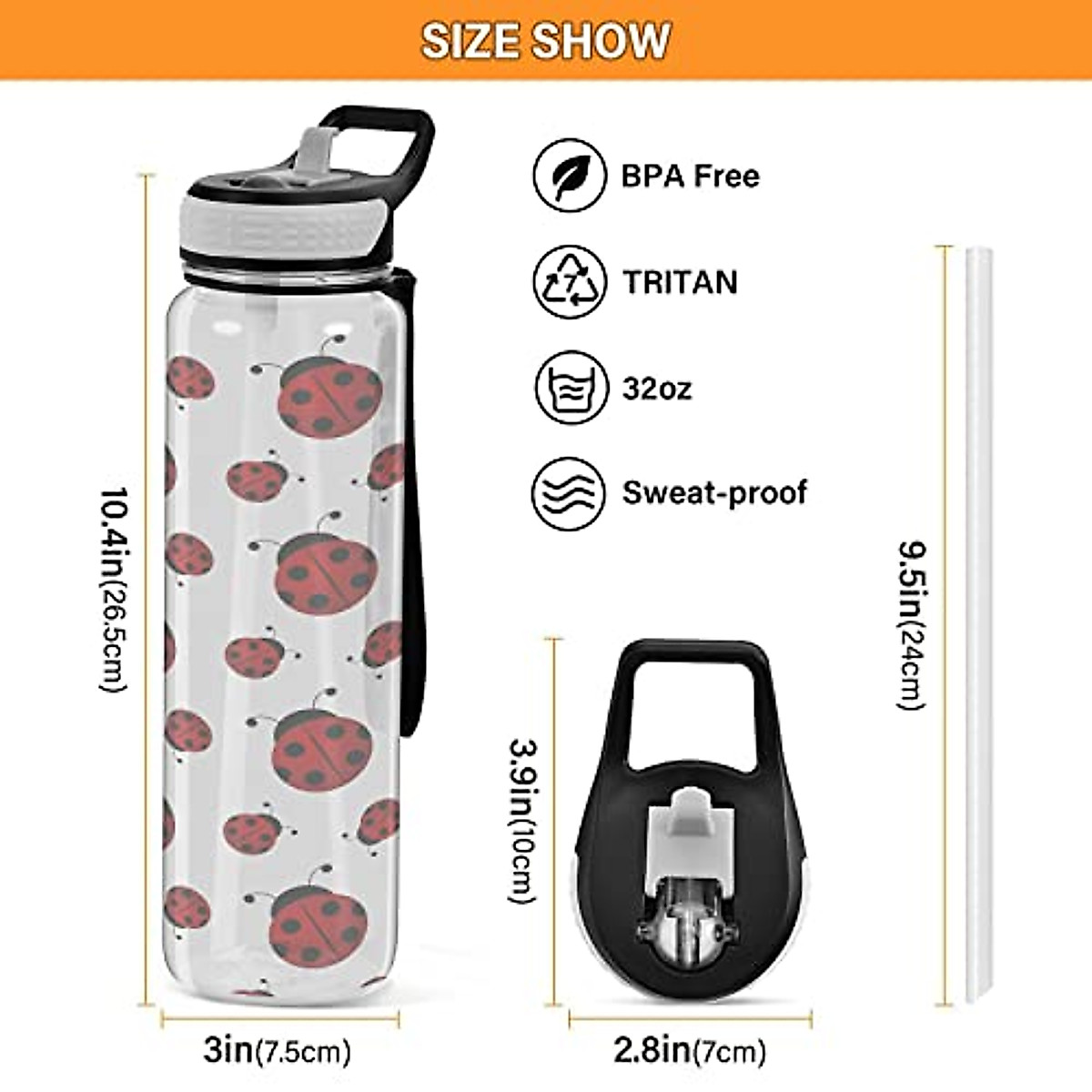 xigua Ladybug Water Bottle with Straw Lid,32 oz Leakproof Sport Water Bottle with Wide Handle for Gym,Cycling,School,Travel