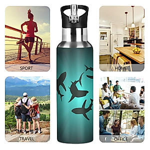 Yasala Shark Silhouette Coffee Thermos Sport Water Bottle Stainless Steel Insulated Beverage Container 20 oz with Straw Lid BPA-Free Boys Girls, Back to School