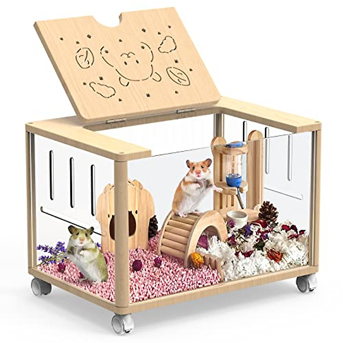 TWOCA Hamster Cages,Wooden Hamster Cage,Acrylic Hamster Cage,Hand-Carved Hamster cage,Suitable for Hamster/Chinchilla/Rabbit/Chicks