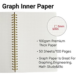 AOU 5-Pack Graph Paper Spiral Notebook with 100gsm Thick Paper, Hard Cover Grid Journals with Total 500 Grid Pages, 8.3"x5.7", Graphing Notebooks for School&Office Supplies (Brown)