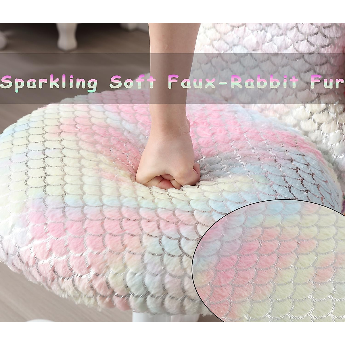 ZH4YOU Cute Kids Desk Chair, Soft Fuzzy Computer Chair for Girls Teen Reading Study Adjustable Swivel Rolling Task Chair Vanity Chair with Little Mermaid Sparkling Back(Pink Rainbow)