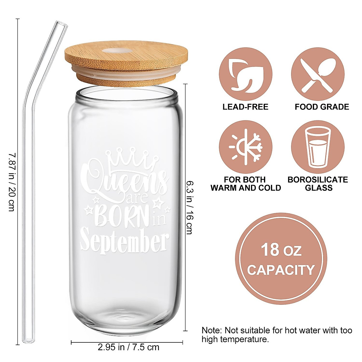 Birthday Gifts for Women, Funny Happy Birthday Glass Cup Tumbler for her, Girlfriend, Friends, Wife, Mom, Bestie, Daughter, Sister, 18oz Clear Can Glass with Straw & Lid, Queens are Born in September