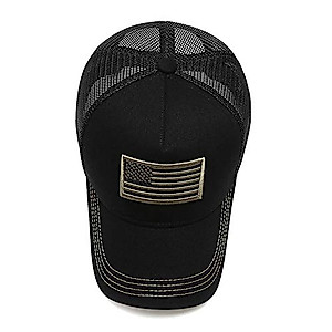 Uphily Black US American Flag Trucker Cap - Mid Profile Curved Bill Patriotic Mesh Dad Hat for Men Women