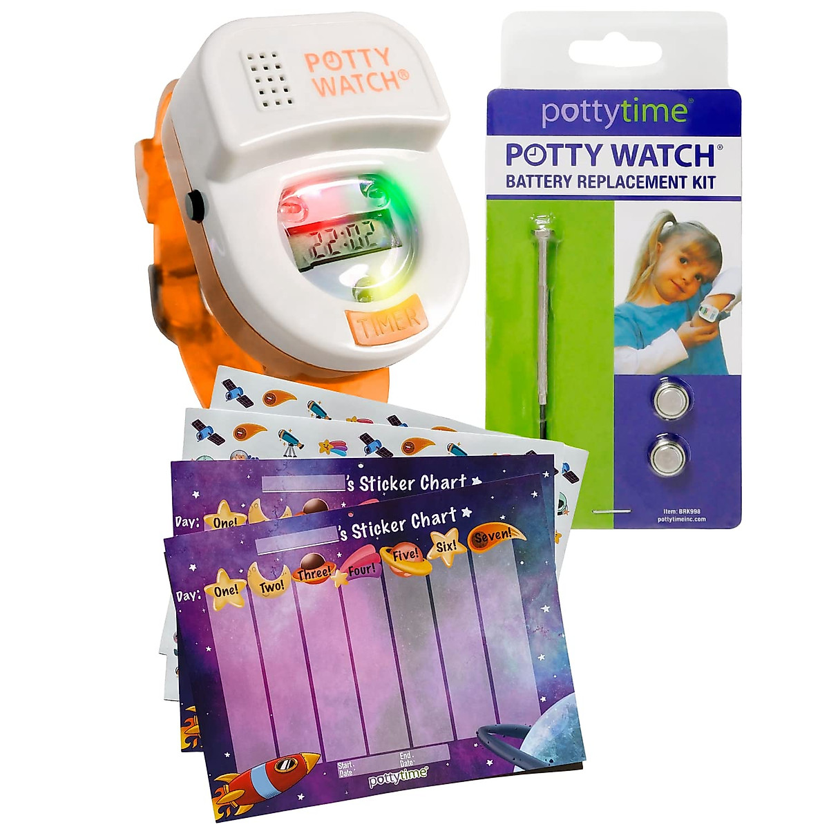 Potty Time:The Original Potty Watch|Water Resistant,Toilet Training Aid,Warranty(30|60|90 Min Auto Timers w/Music & Flashing Lights for Fun & Gentle Reminders) Orange, Space Sticker Chart+Battery Kit