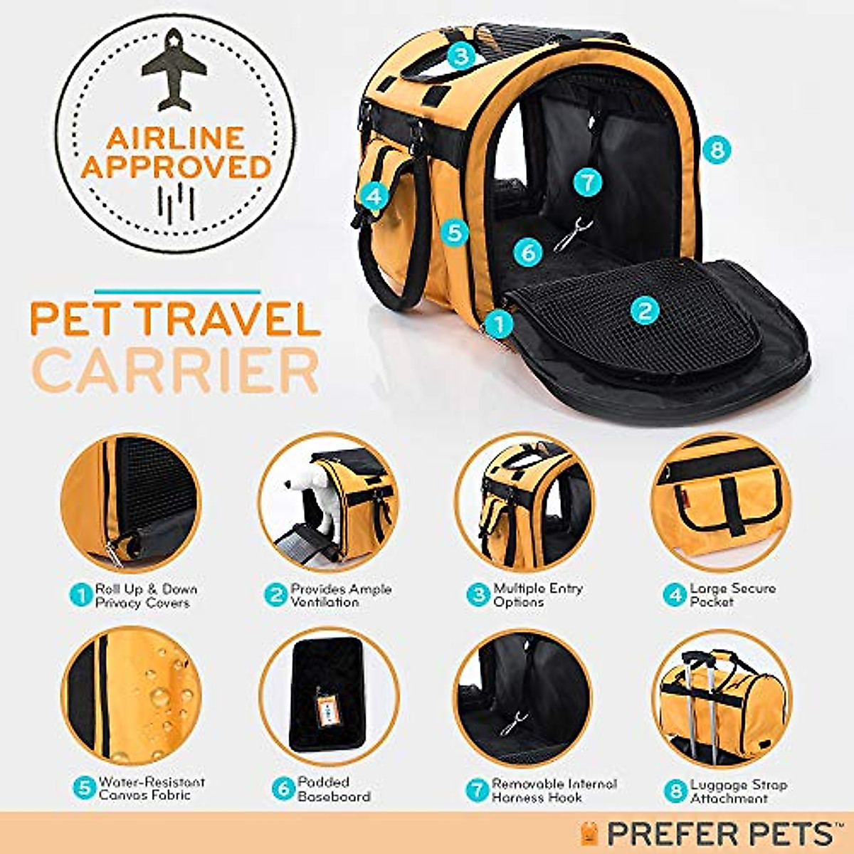 Prefer Pets Trave Gear Pet Travel Carrier with Privacy Covers - Soft-Sided - Airline Approved with Side Pocket, Velcro Handle & Padded Shoulder Strap - Perfect for Small Dogs and Cats