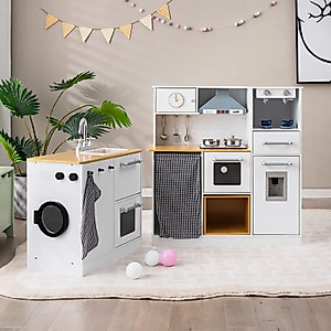 Costzon 2-Piece Kids Kitchen Playset, Wooden Pretend Play Kitchen & Washing Machine Toy Set w/Realistic Light & Sound, Coffee Maker, Water Dispenser, Stove, Utensils, Sink