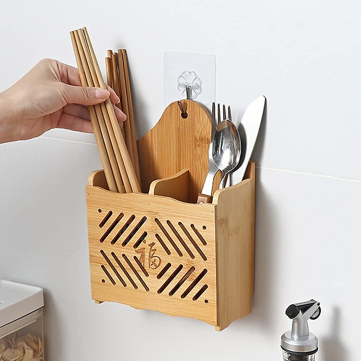 DOITOOL Bamboo Drying Rack Wall Mounted Clothes Drying Rack Wall Mounted Utensil Holder Utensil Drying Rack Flatware Hanging Organizer for Spoons Forks Chopsticks Wall Mounted Drying Rack