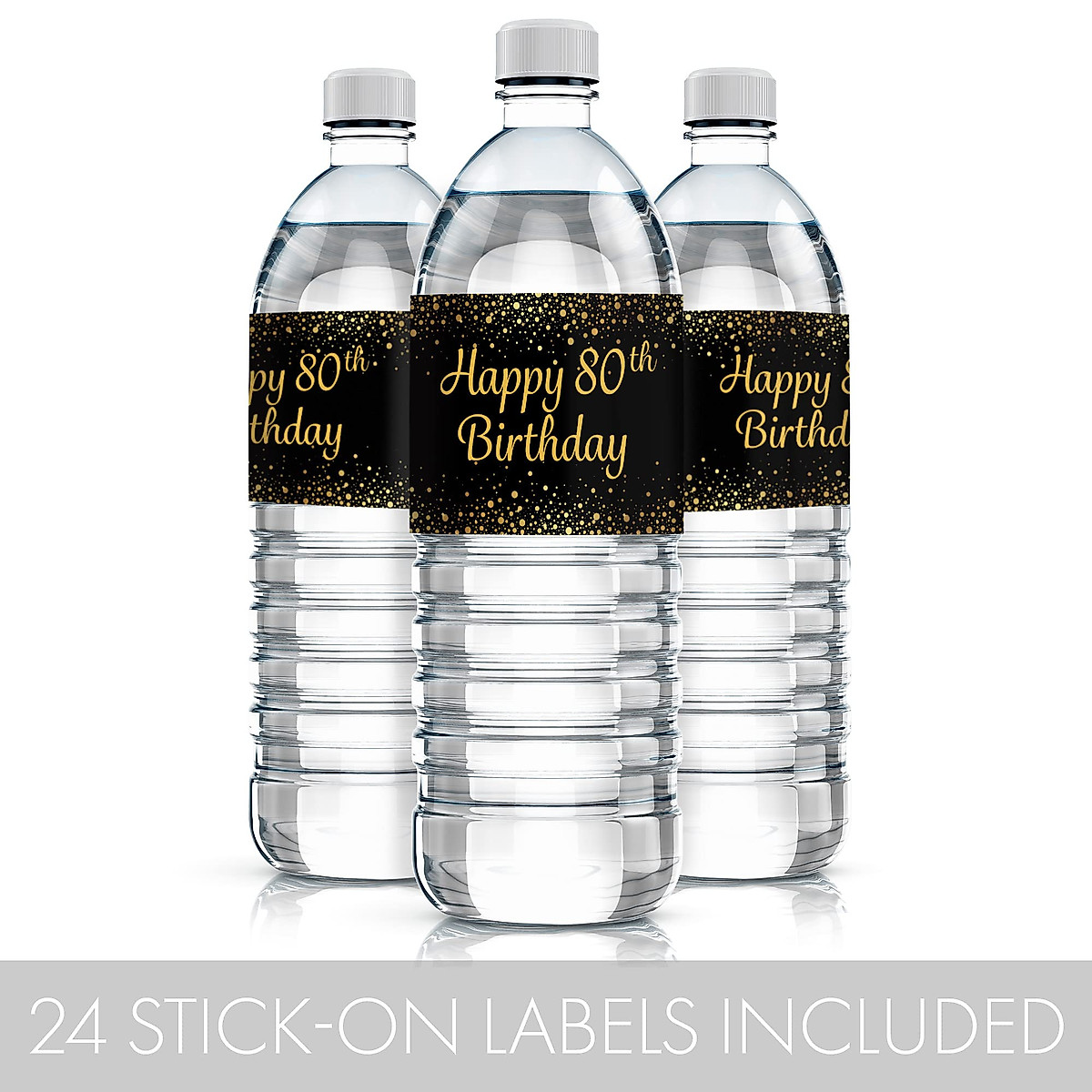 Black and Gold 80th Birthday Party Water Bottle Labels, 80th Birthday Decorations, Waterproof Stickers for Water Bottles - 24 Stickers