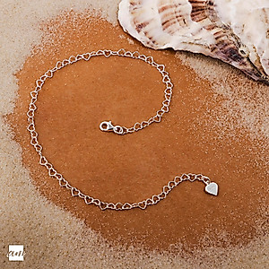 Amberta 925 Fine Sterling Silver Naturally Adjustable Anklet - 3 mm Heart Chain Ankle Bracelet - up to 10" inch - Flexible Fit