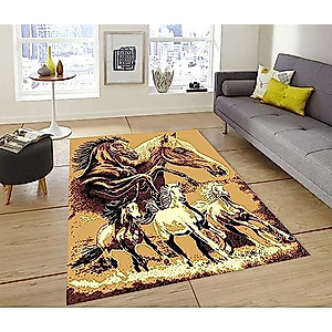 Lodge Western Galloping Horse Decorative Colorful Animal Print Area Rug for Living Room or Bedroom Carpet, Dining, Kitchen or Entryway Rug (5’ 3” X 7’ 5”)