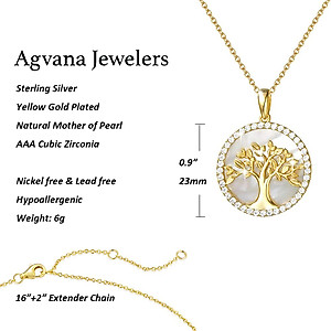 AGVANA Gold Tree of Life Necklace for Women Gold Plated Sterling Silver Genuine Mother of Pearl CZ Family Tree Jewelry Anniversary Birthday Gifts for Women Mom Wife Grandma Her