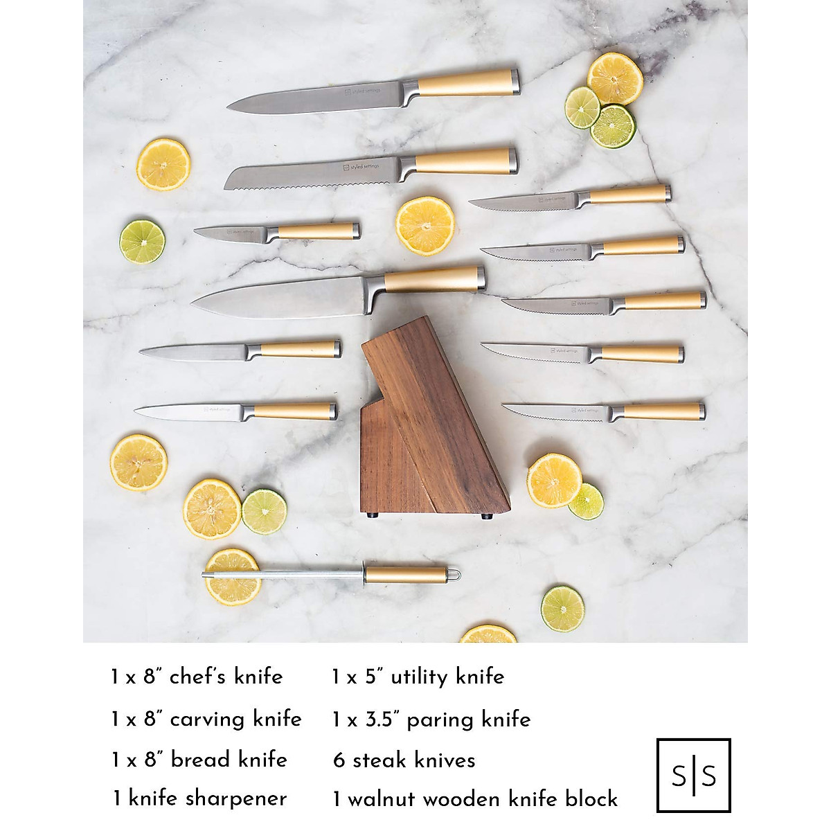 Gold Knife Set with Walnut Knife Block, 13-piece Kitchen Knives Stainless Steel Gold Knives Set, Full Tang, Knives Gold - Gold Kitchen Accessories