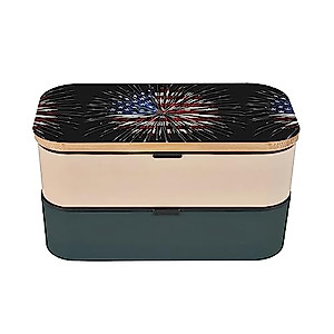 American Flag Firework Premium Bento Lunch Box, 2 Compartments Leakproof Lunch Box With Cutlery For Adults, Microwave & Dishwasher Safe