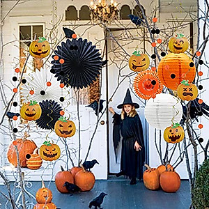 KAXIXI Halloween Party Decorations Supplies for Adult Kids Birthday Wedding Indoor Outdoor with Pumpkin Foil Swirls Hanging Paper Fand Paper Lanterns Circle Dot Garlands, 16Pcs