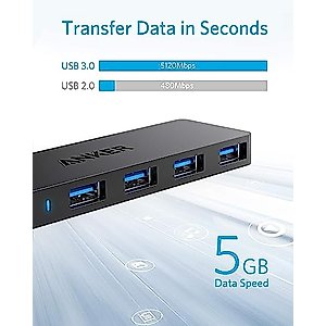 Anker USB Hub 4-Port USB 3.0 Hub,USB Splitter with 5Gbps Data Transfer, Ultra-Slim Data USB Hub [Charging Not Supported], USB Extender for MacBook, iMac, Surface, Mobile HDD, and More (USB-A, 2 ft)