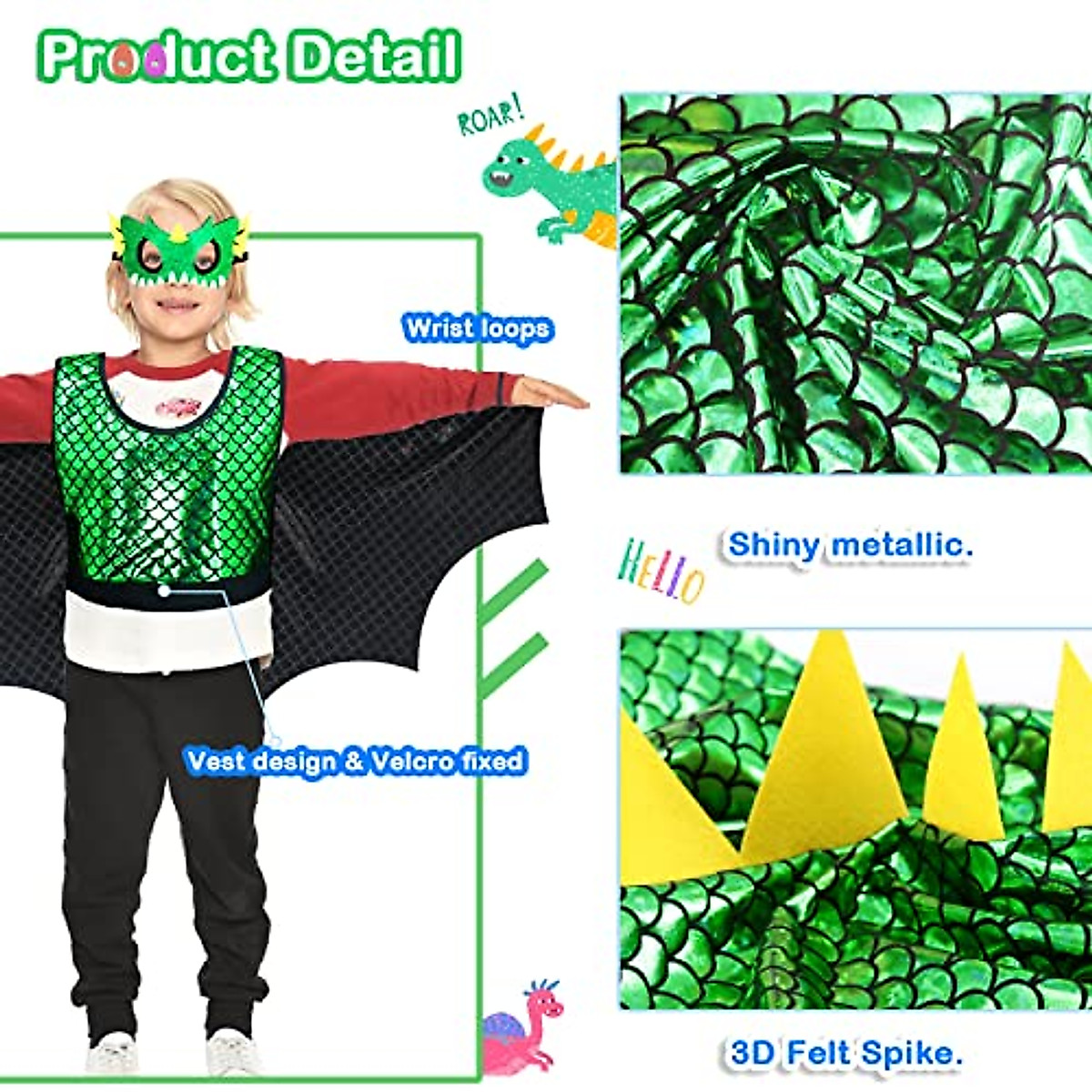 IROLEHOME Dragon-Wings Costume for Kids Mask Dinosaur Dress Up Cape for Boys Girls Halloween-Party Gifts Toys (metallic blue) (metallic green)