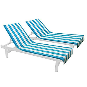 COTTON CRAFT Pool Lounge Chair Cover - 2 Pack - Chaise Beach Picnic Spa Towel - Cabana Stripe - Soft Premium Ringspun Terry Cotton - Oversized - 32 inch Wide x 82 inch Long with 7 inch Pocket – Aqua