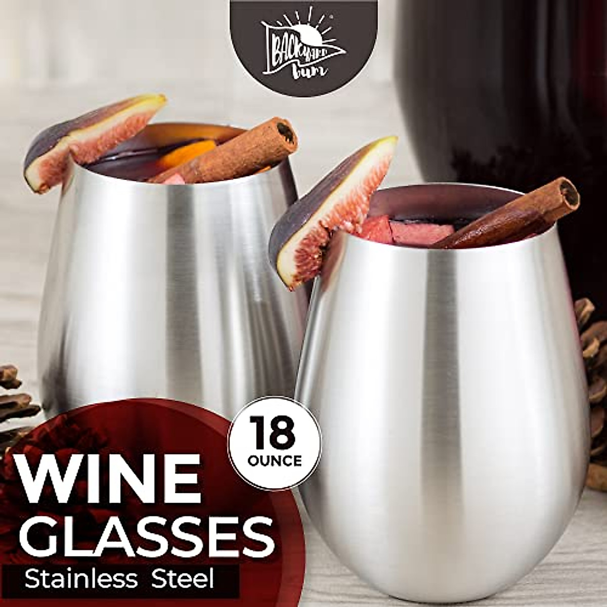 Backyard Bum Premium Solid Stainless Steel Wine Glasses | Set of 4 Large 18 Ounce | Stemless Wine Glasses| Perfect for Entertaining Outdoors