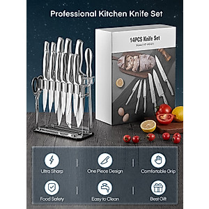 D.Perlla Knife Set, 14 Pieces Kitchen Knife Set with Clear Acrylic Knife Holder, Stainless Steel Super Sharp Chef Knife with Hollow Handle in One Piece Design