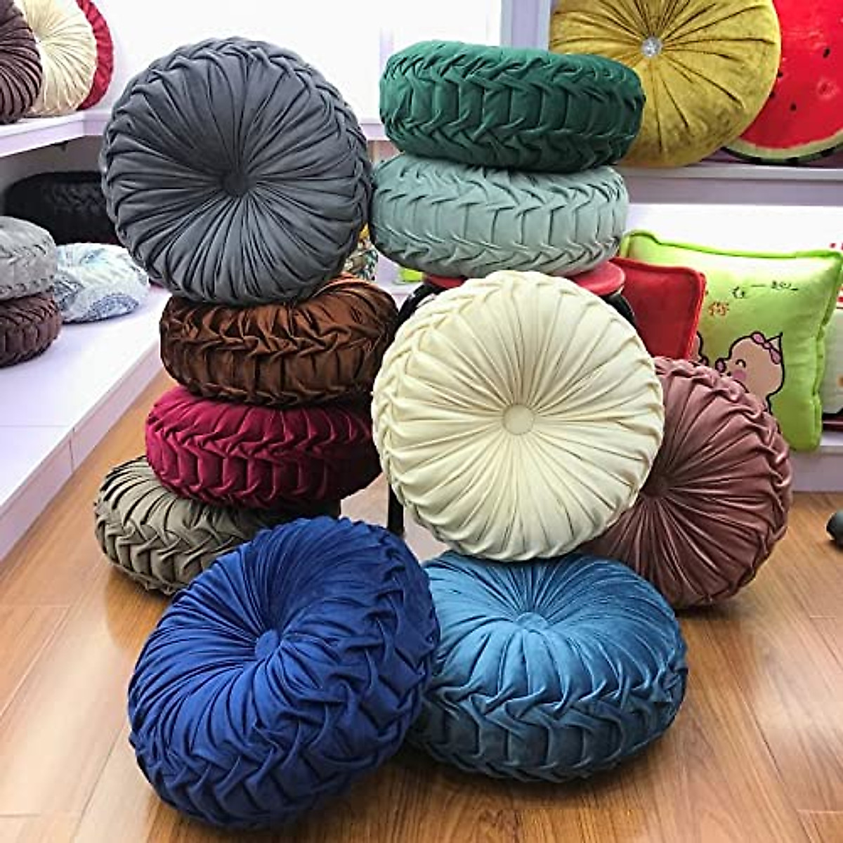 Wine Red Round Throw Pillow Holland Velvet Home Decoration Pleated Round Cushion ，Home Decorative for Home Sofa Chair Bed Car Decor