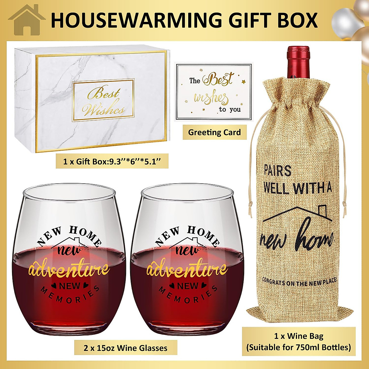 Laatuva House Warming Gifts New Home, Housewarming Gifts for New House Stemless Wine Glasses & Wine Bag Set, New Home Gift Ideas for Couple/Women/Family, First Home Gifts