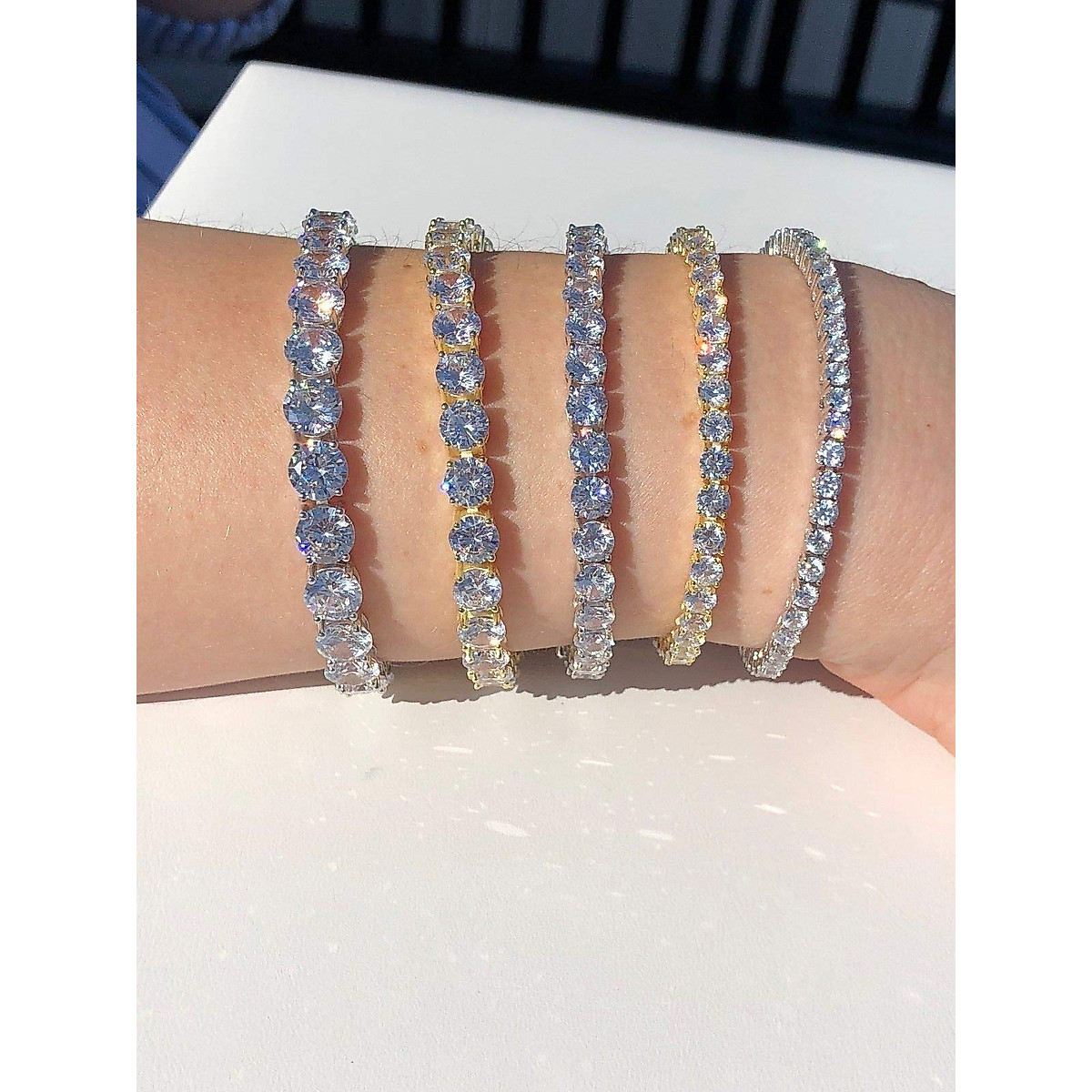 HarlemBling Real Solid 925 Sterling Silver Mens Or Womens Tennis Bracelet - 14k Yellow & Rose Gold Finish Over Solid 925 Silver - 3-6mm - 6-9" Iced Out One Row Bracelet (6, 3mm Silver)