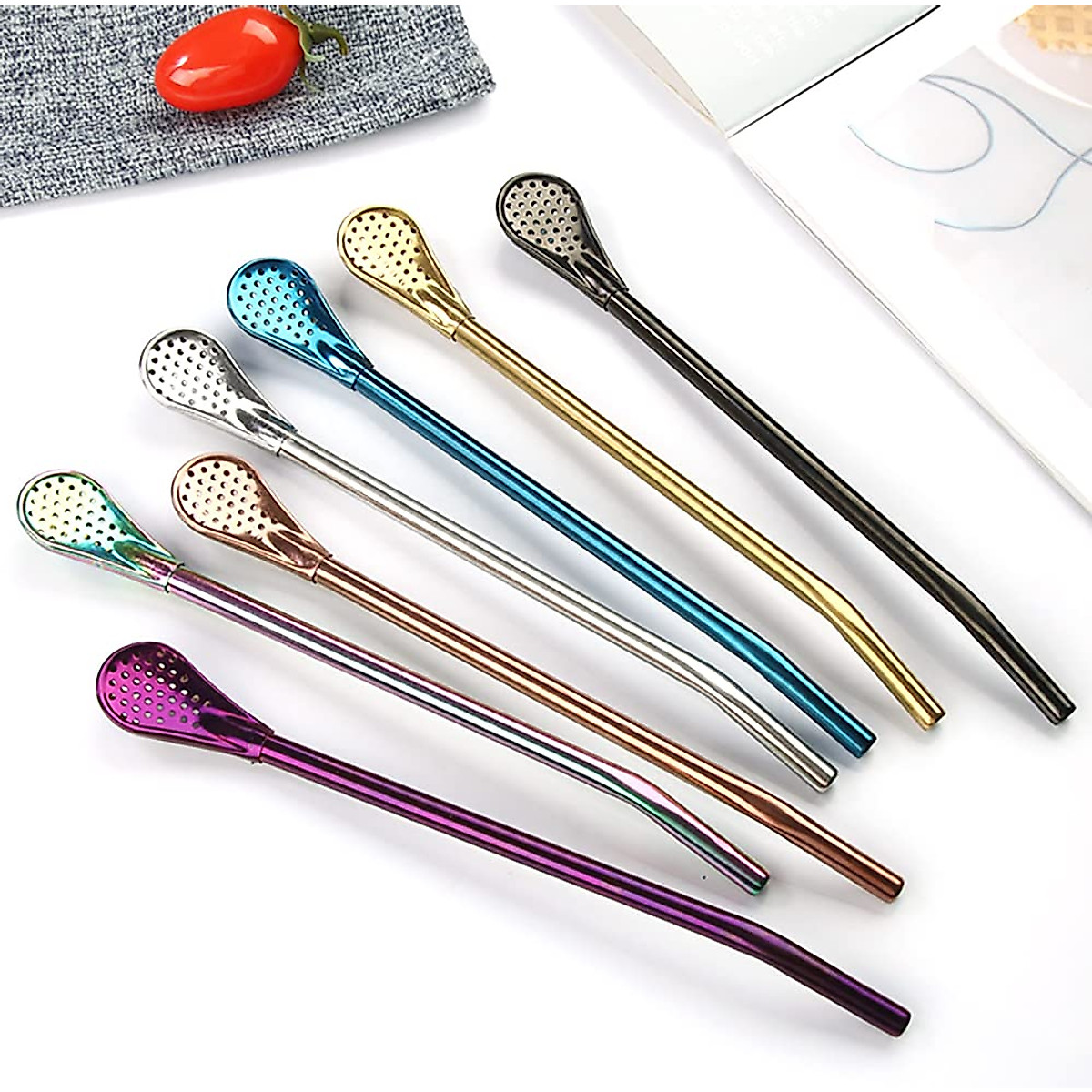 Anller Premium Straw Spoons Bombillas Yerba Mate Straw, Drinking Stirring Straws with Filter Spoon -7.2inch (7 Straws + 2 Cleaning brushes）