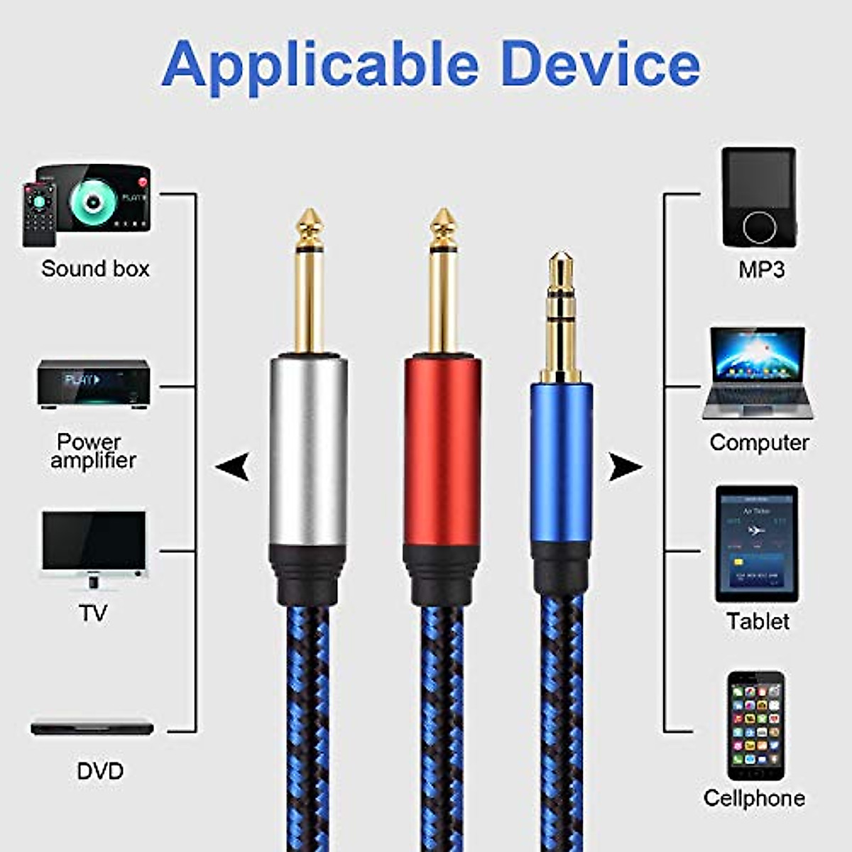 NC XQIN 3.5mm 1/8" TRS to Dual 6.35mm 1/4" TS Mono Stereo Y-Cable Splitter Cord Compatible for iPhone, iPod, Computer Sound Cards, CD Players, Multimedia Speakers and Home Stereo Systems 30FT