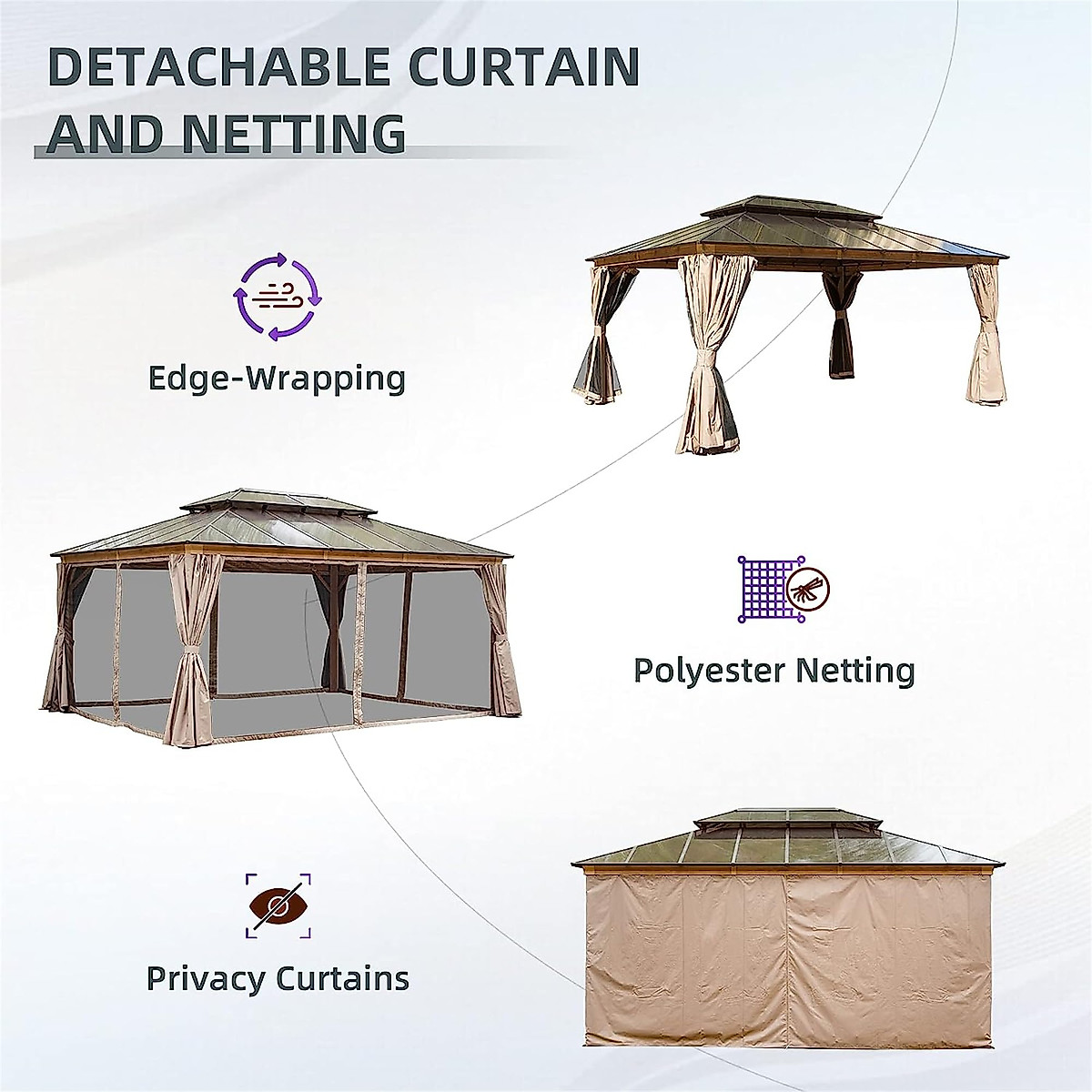 Goohome 12 x 16FT Hardtop Gazebo, Aluminum Frame Double Roof Gazebo with Mosquito Net and Curtains, Outdoor Permanent Hard Top Waterproof Pergola for Shade and Rain for Lawn, Backyard, Deck