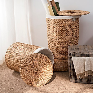 Round Woven Wicker Laundry Hamper with Lid - Large Water Hyacinth Storage Wicker (Natural Brown, 15"L x 15"L x 20"H)