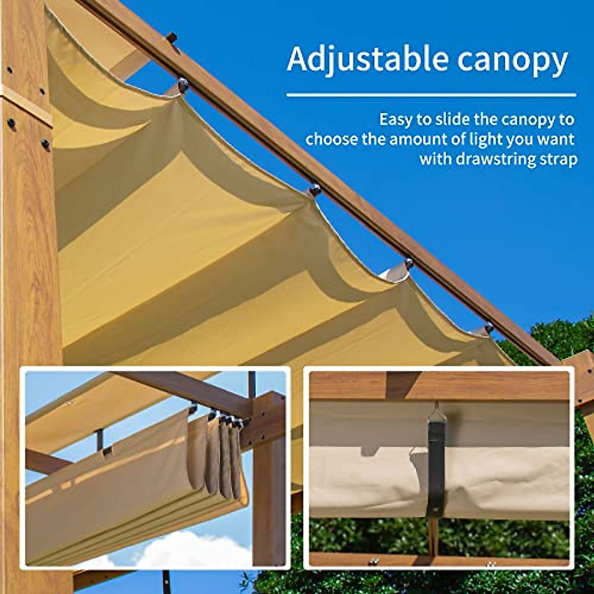Domi Outdoor Living 9’ x 13’ Outdoor Retractable Pergola Against The Wall with Weather-Resistant Canopy Aluminum Garden Pergola Patio Grill Gazebo for Courtyard(Teak Coated)