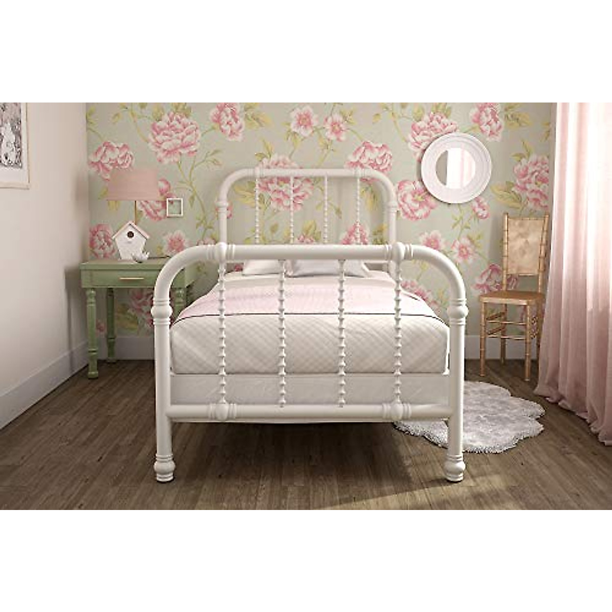 DHP Jenny Lind Kids Metal Bed Frame with Country Chic Headboard and Footboard, Underbed Storage Space for Toys, Twin, White