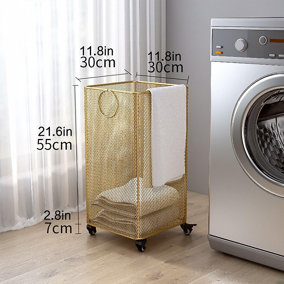 Gold basket,Rolling Laundry Basket on Wheels, Gold hamper,Gold Metal Basket with Wheels,Metal Rolling Laundry Basket Cart, Yoga mat storage rack,Wire laundry basket with wheels,Gold laundry basket(Squ