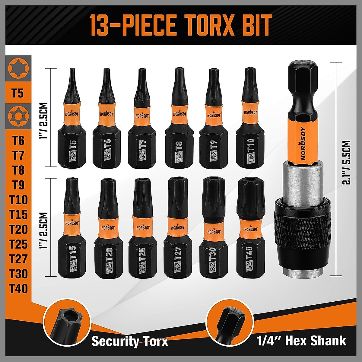 HORUSDY 13Pieces T5-T40 Torx Bits Set - Torx Security Bit Set - Security Torx Bit Set | Star Bits Set - 1/4 Hex Torx