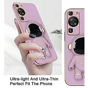 Compatible with Huawei P60 Pro Case for Women Men, Ultra Soft Huawei P60 Pro Phone Case with Stand Silicone TPU Plating Cute Astronaut Pattern Cases Cover (Purple)