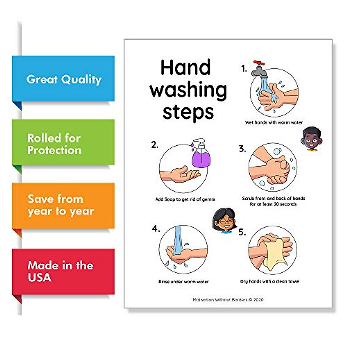 MWB Hand Washing Signs Poster for Kids - Instructions to Wash your Hands for children | Hand Hygiene Health Poster for Elementary Schools, Daycare or Home Decorations| 13" x18" Non Laminated