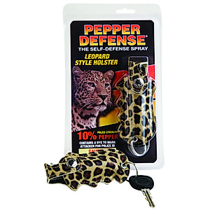 Pepper Defense 1/2 oz. Pepper Spray with Grip Holster and Keychain Attachment - Safety Twist Lock Glow Trigger - Maximum Strength 10% OC Formula - Self Defense Personal Protection (Leopard 1-Pack)