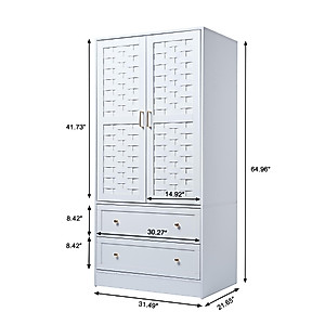 LEVNARY Armoire Wardrobe Closet, White Wardrobe Cabinet with 2 Woven Doors and 2 Storage Drawers, Freestanding Hanging Rail Closet for Bedroom (White)