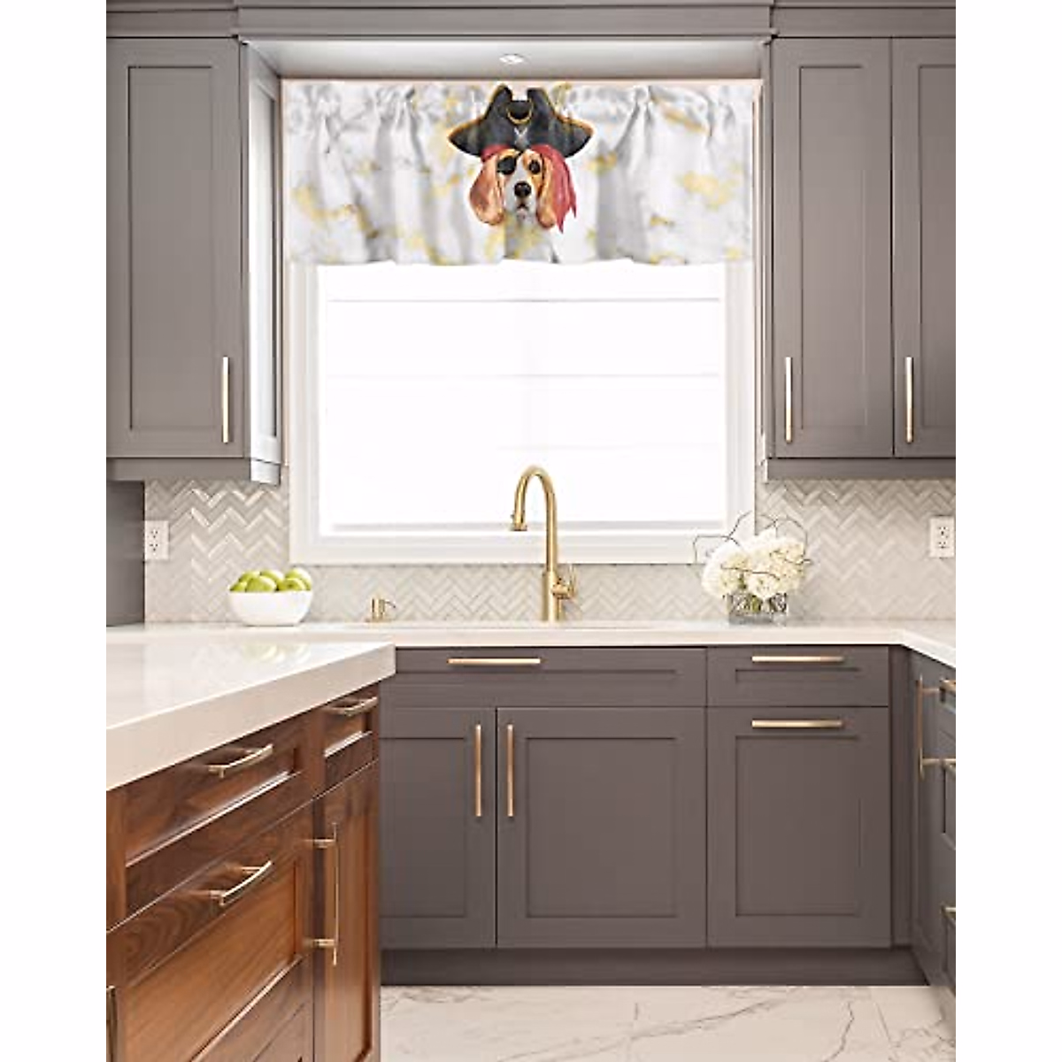 Abstract Geometric Pirate Dog White Gold Marble Valance Curtains for Kitchen Small Windows,Blackout Short Window Treatment Cartoon Animal Rod Pocket Valance for Living Room Bedroom Decor,42"Wx12"L