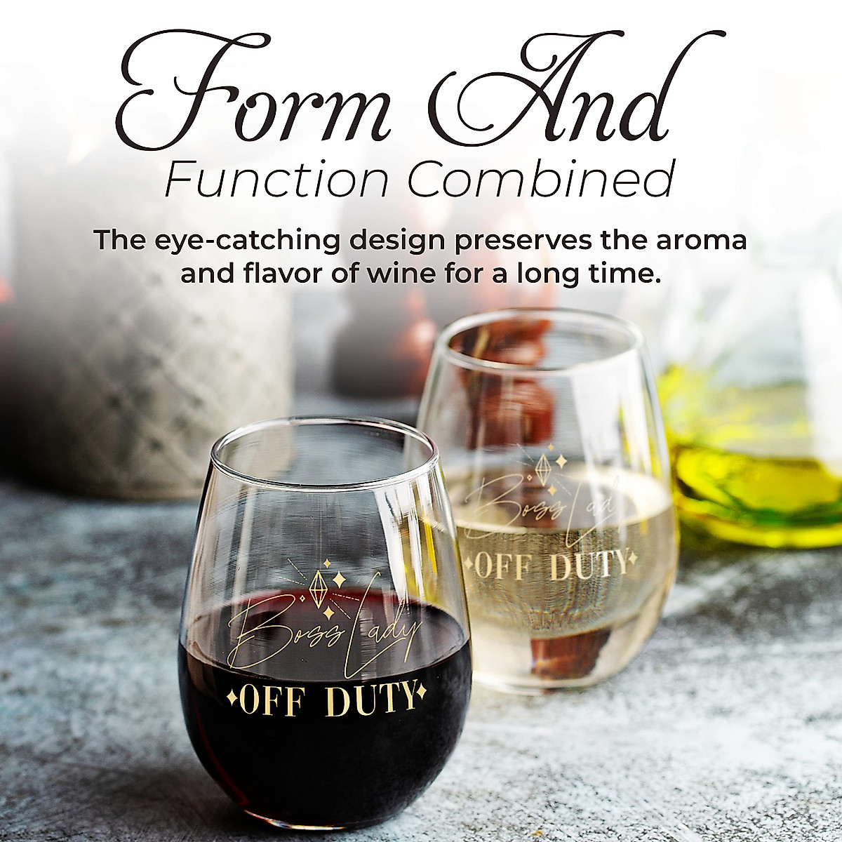 Loco Llama Boss Lady Off Duty Stemless Wine Glass | 17oz Tumbler with Inspirational Quote | Embellished with Real Gold | Self Care Gift For Working Women, Entrepreneurs & Business Owners