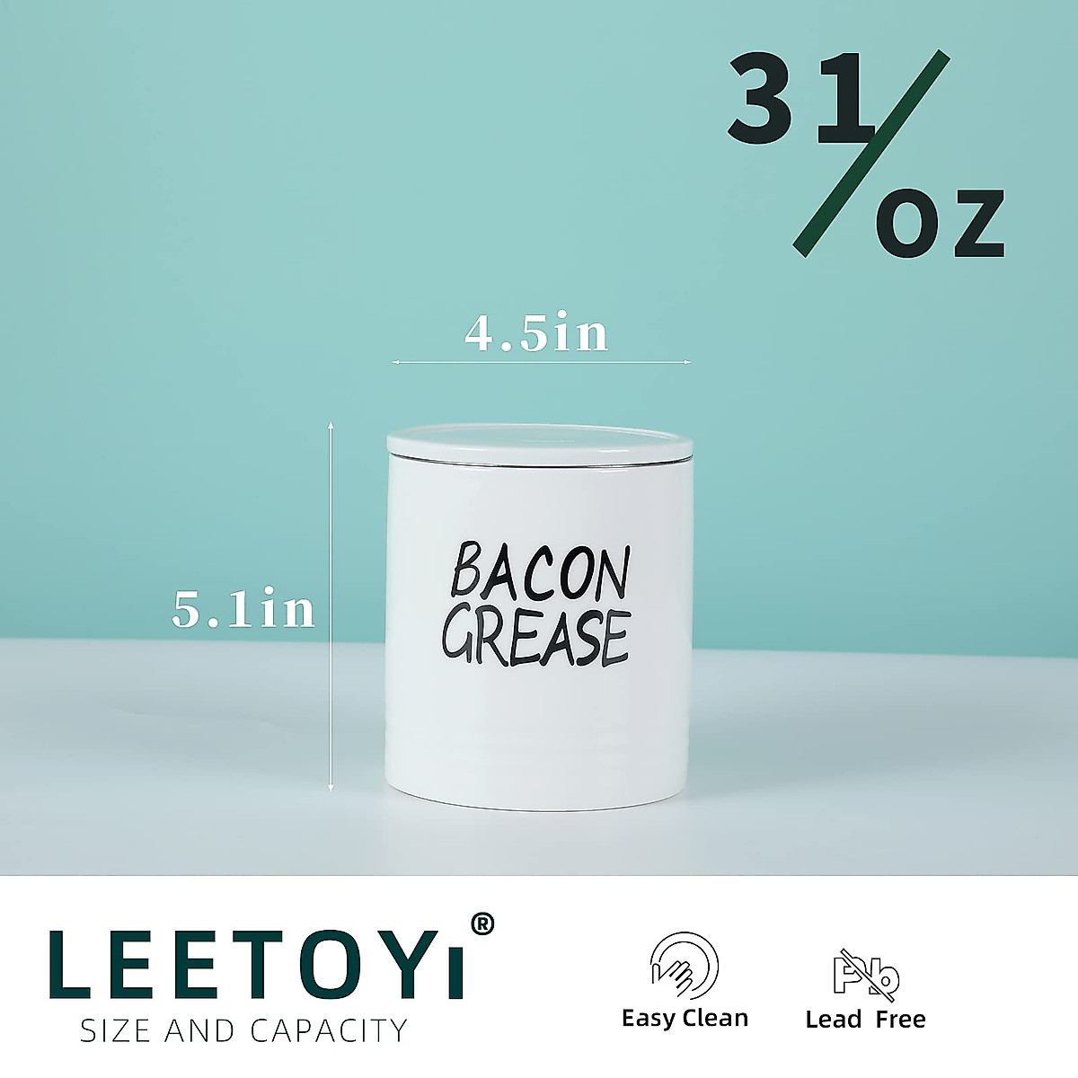 LEETOYI Porcelain Bacon Grease Container with Strainer and Lid, Grease Keeper for Kitchen 4.5-Inch, White