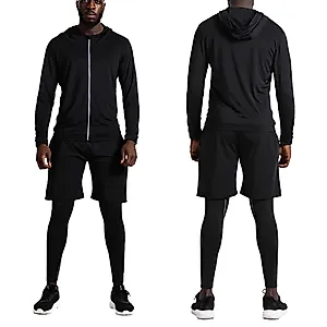 BUYJYA 5Pcs Men's Compression Pants Shirt Top Long Sleeve Jacket Athletic Sets Gym Clothing Mens Workout