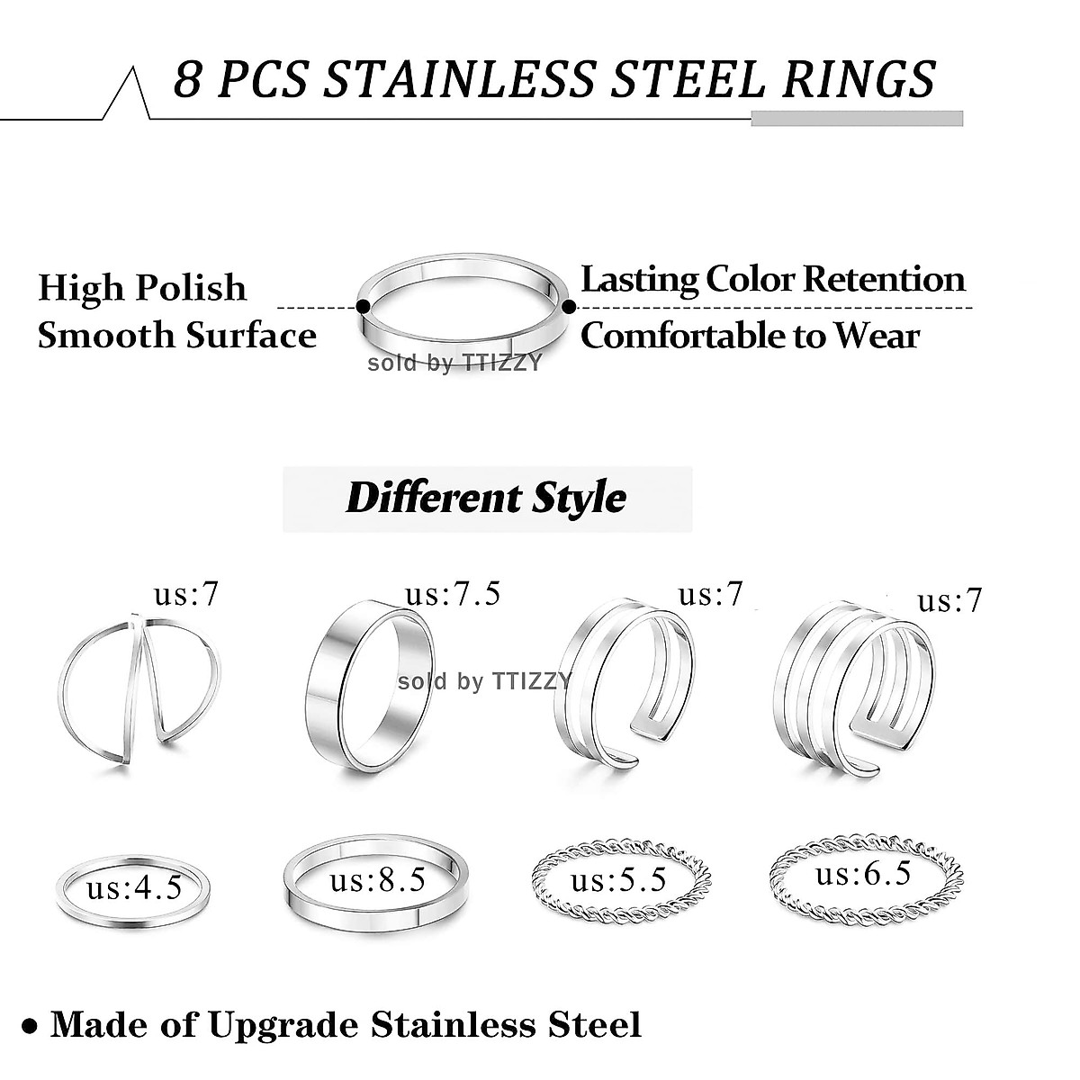 HAIAISO 8 Pcs Knuckle Rings Set Stainless Steel Ring Silver Simple Smooth Finger Stackable Rings Set for Women Plain Band Rings