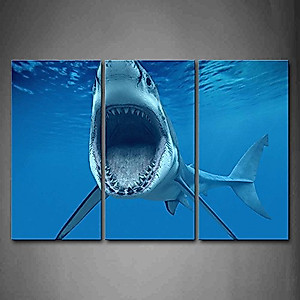 Big Shark Near Sea Surface Open Mouth in Blue Sea Wall Art Painting The Picture Print On Canvas Animal Pictures for Home Decor Decoration Gift